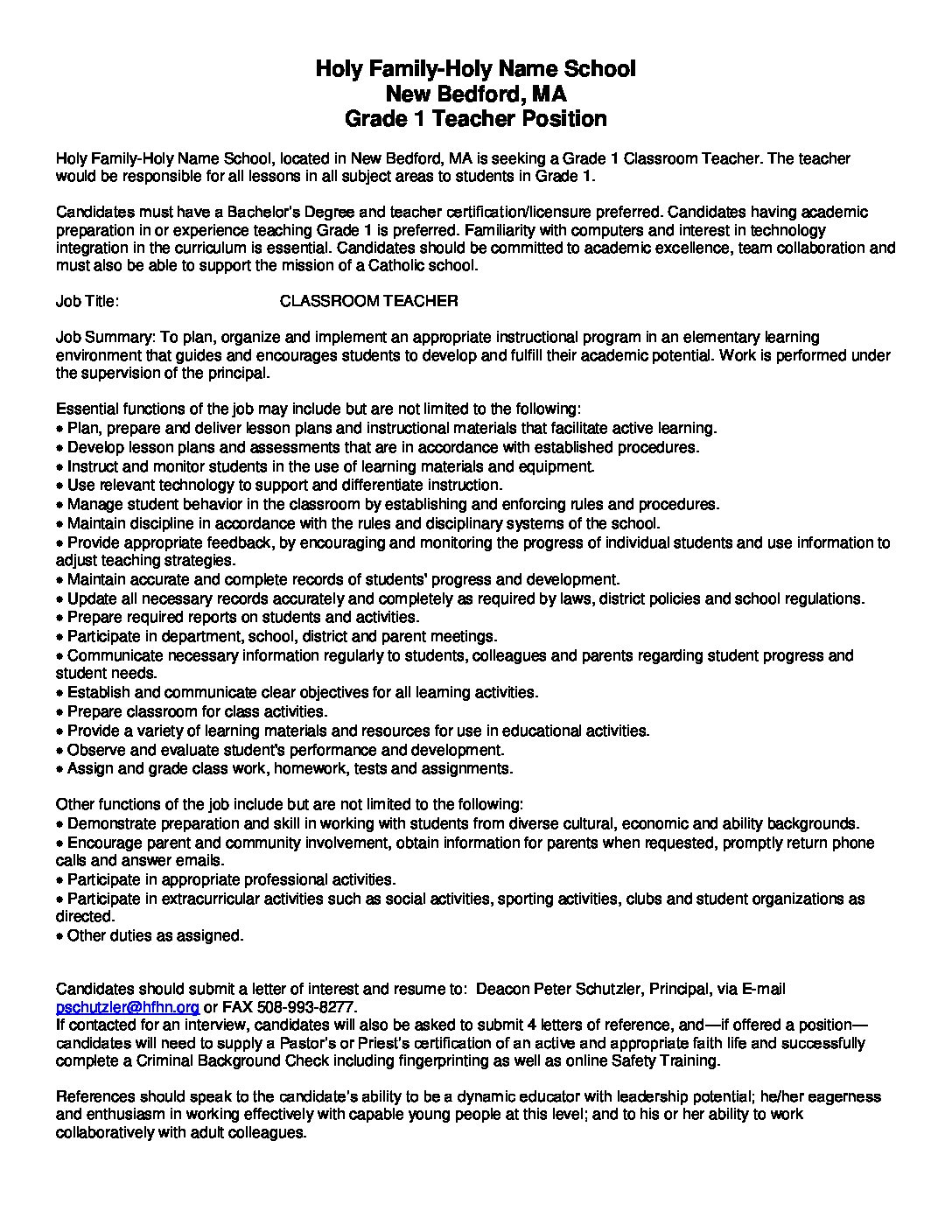 HFHN Elementary Job Description-Grade 1 - CS Alliance