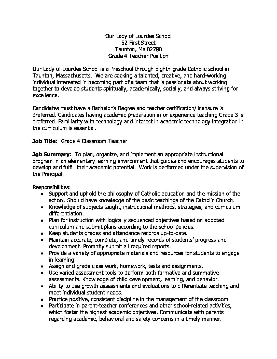 OLOL Grade 4 Teacher Job description - CS Alliance