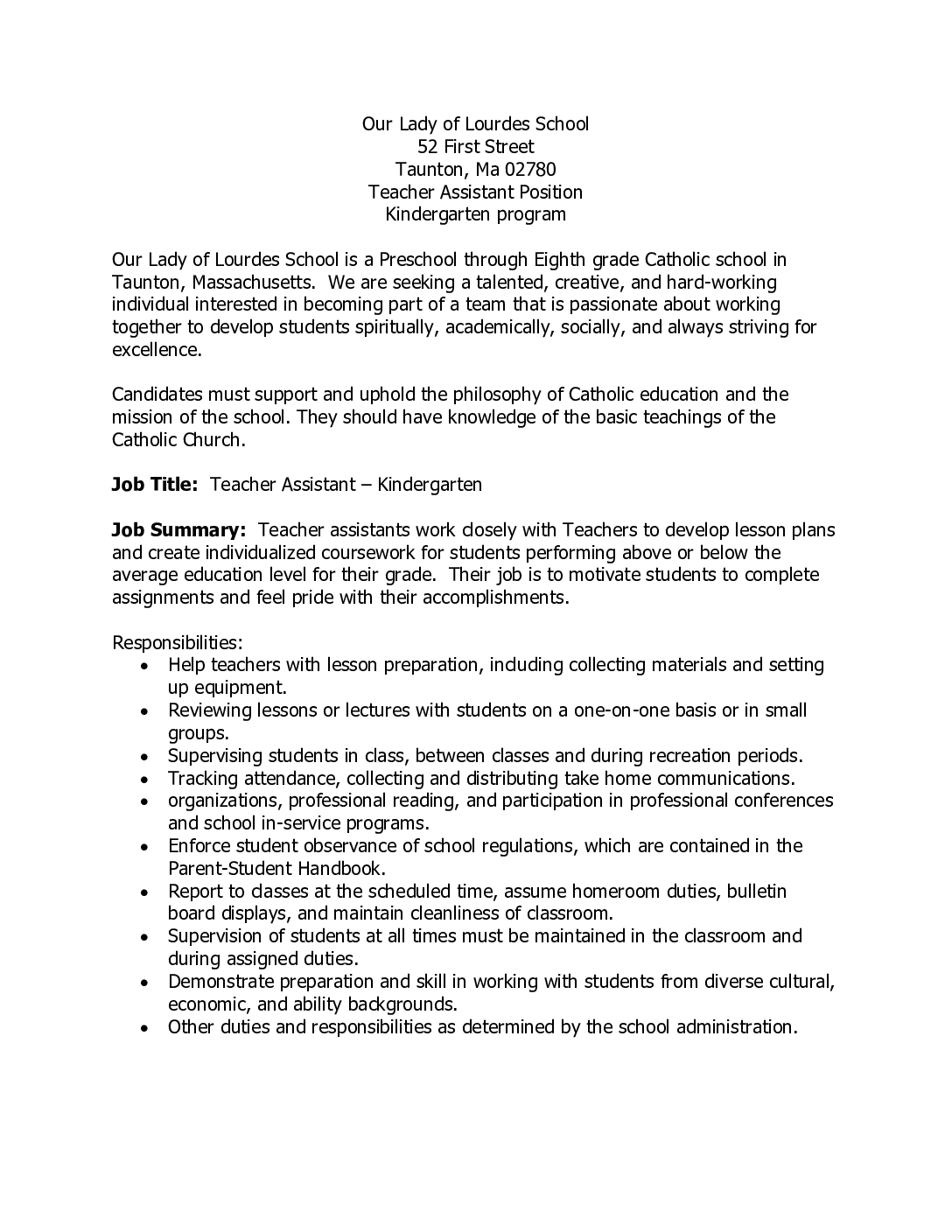 OLOL K teacher assistant job description - CS Alliance
