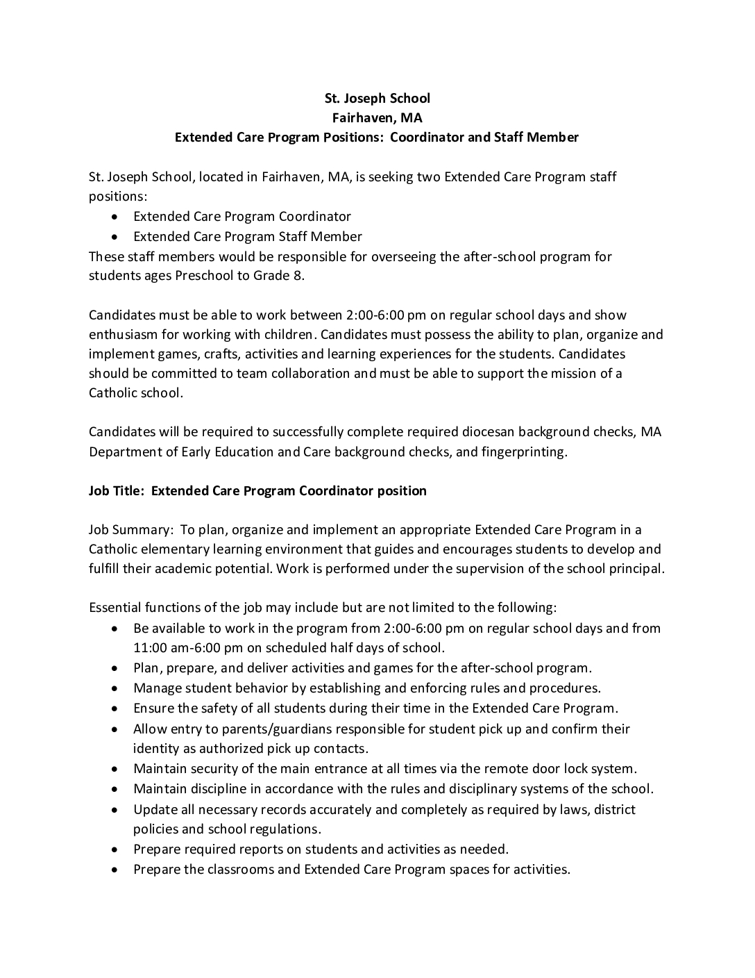 SJS Extended Care Program positions - CS Alliance