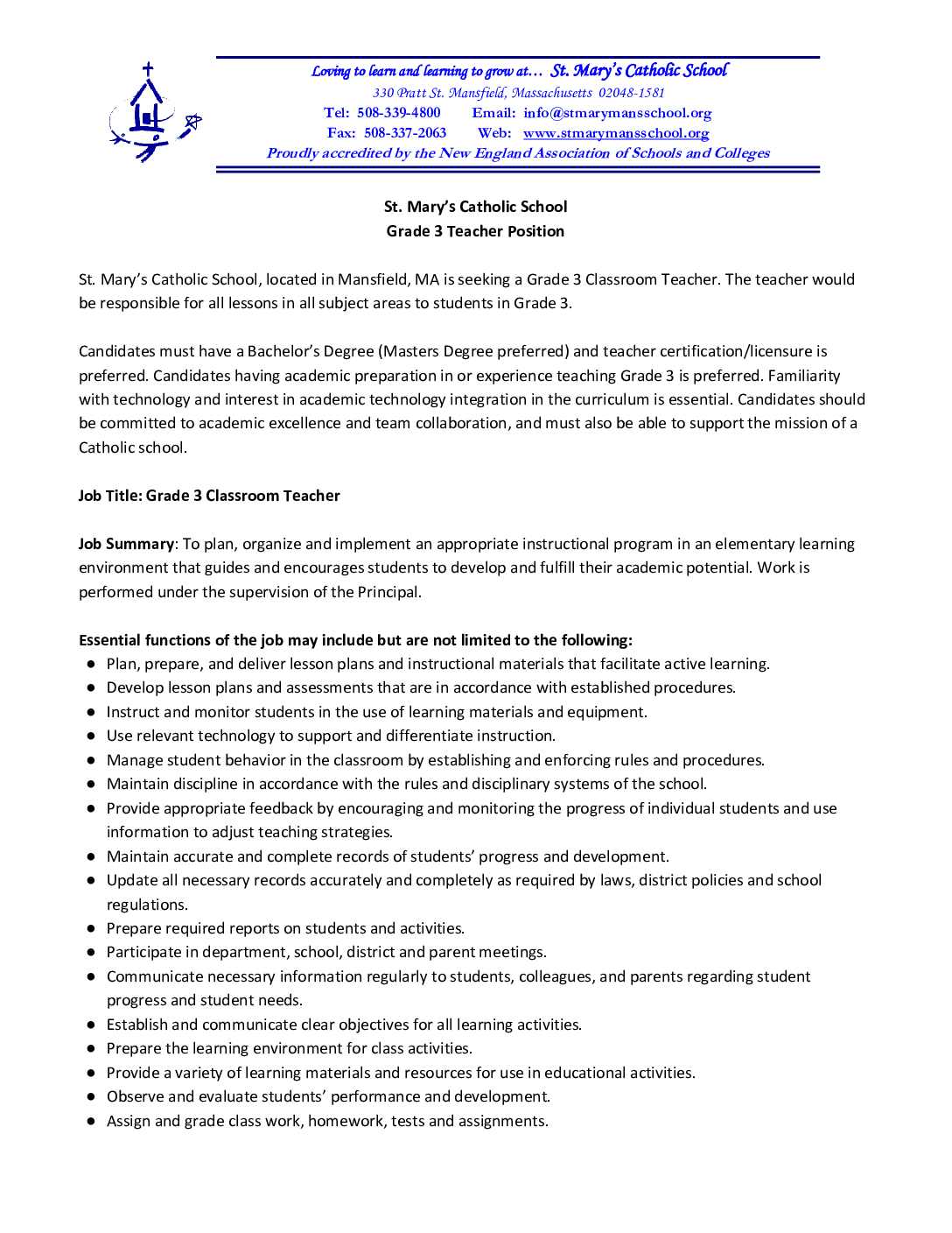 St. Mary's Catholic School - Job Posting - Grade 3 Teacher Position ...
