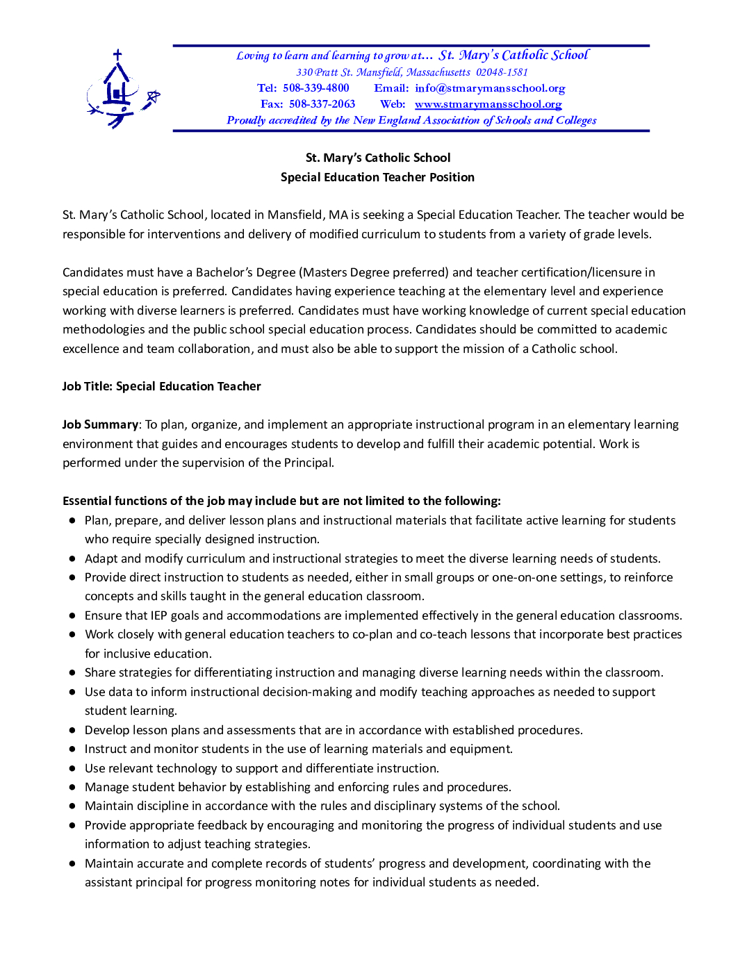 St. Mary's Catholic School - Job Posting - Special Education Teacher ...